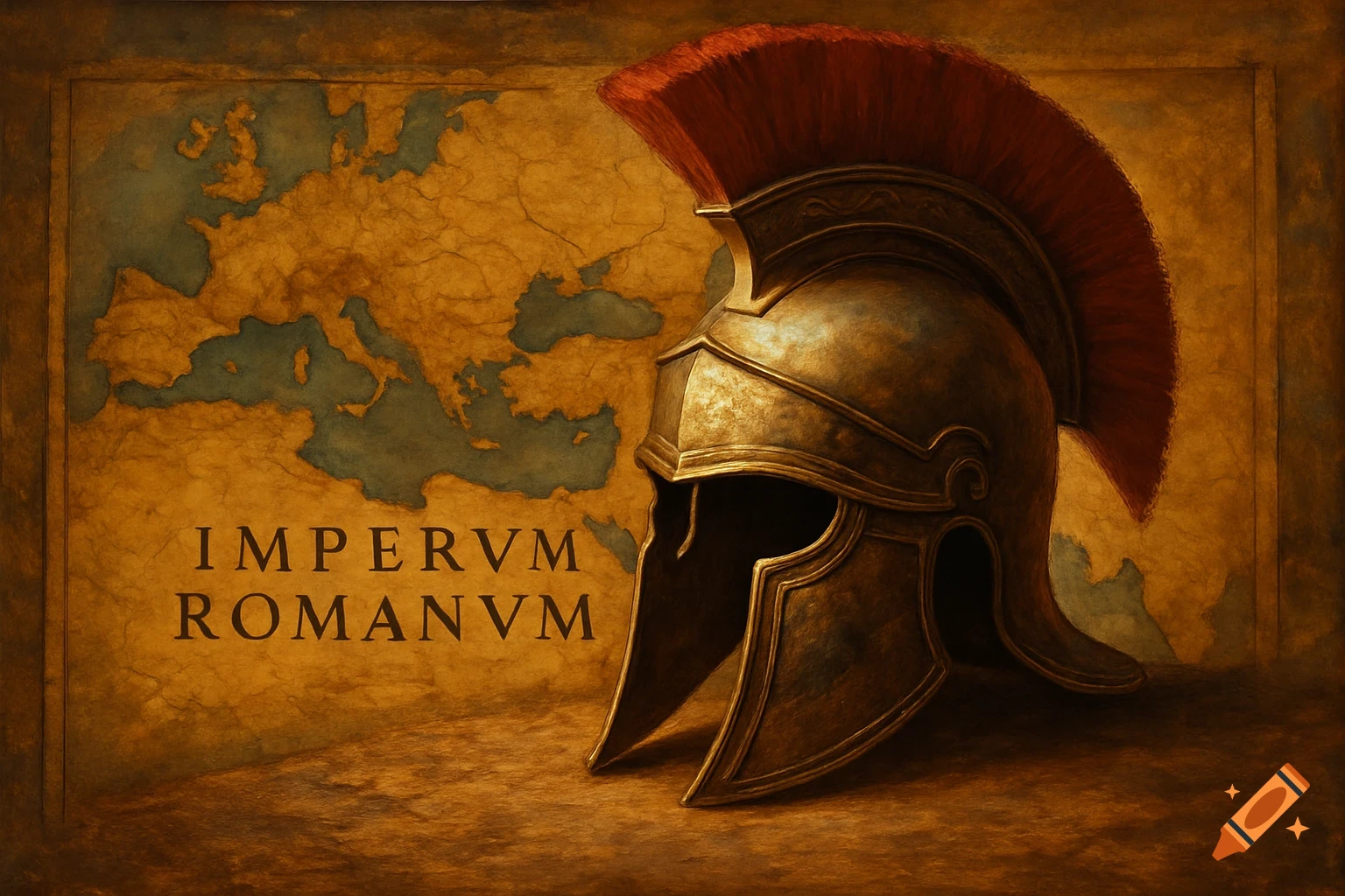 Roman helmet in front of an aged map of the Roman Empire with the text IMPERVM ROMANVM on Craiyon