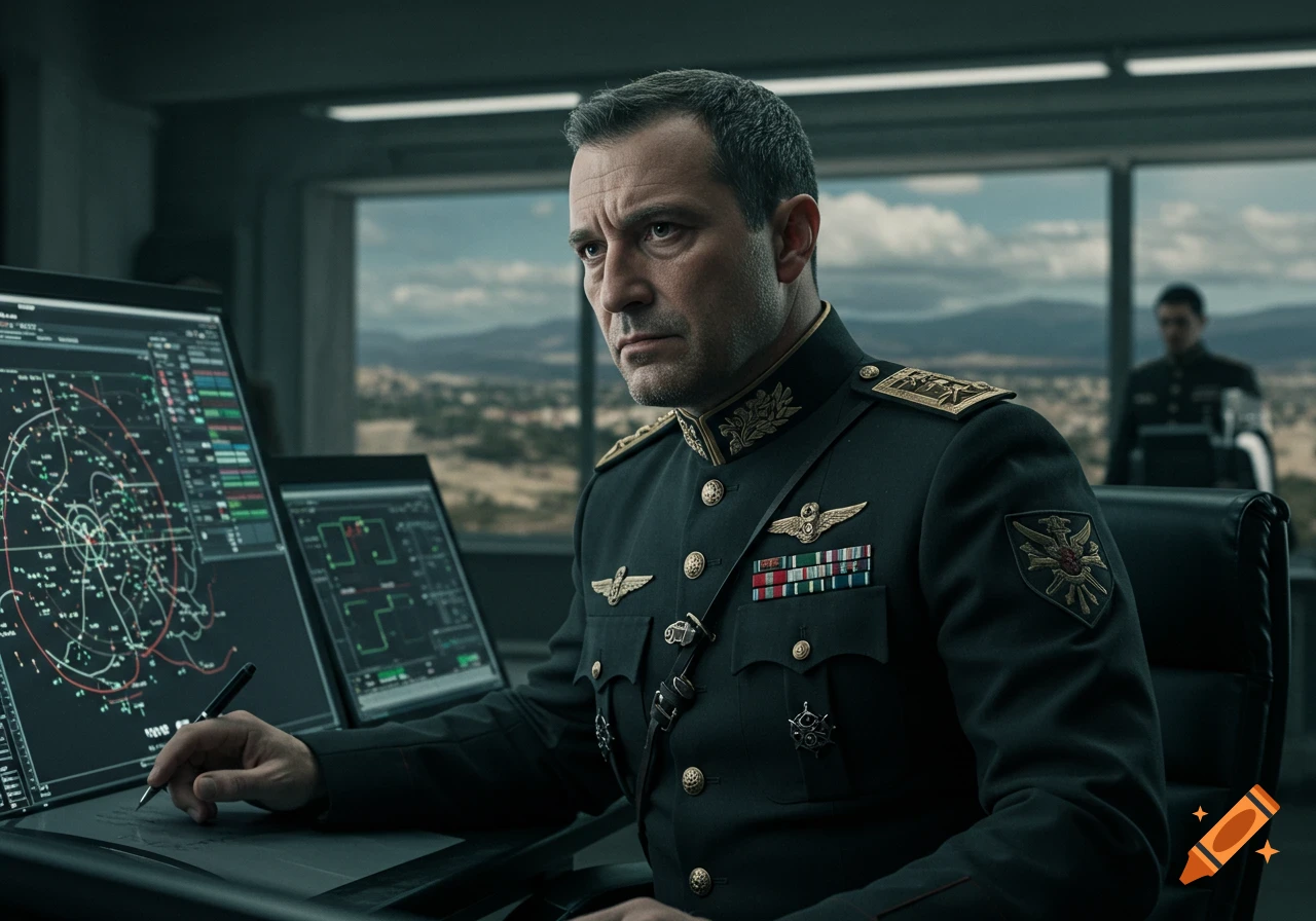 A man in a military uniform looking at control screens in a command center on Craiyon