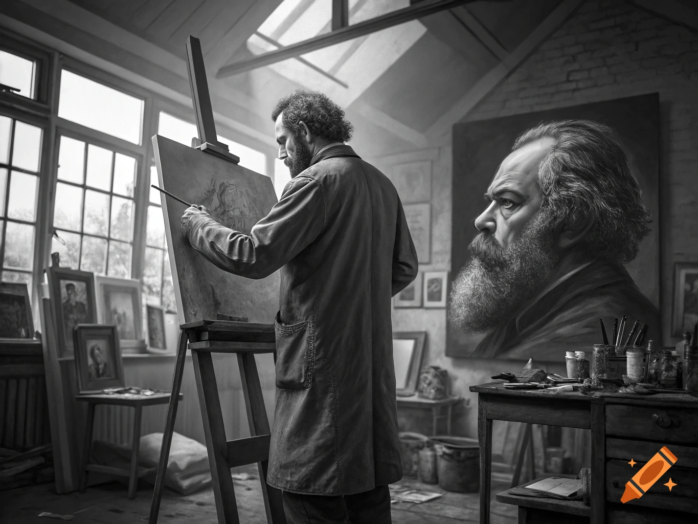 Artist painting large portrait of Karl Marx on an easel in a studio ...