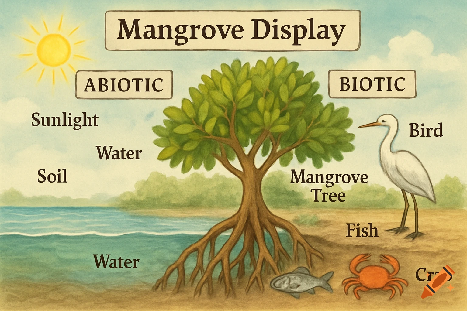 Watercolor illustration diagram of a mangrove ecosystem with abiotic ...