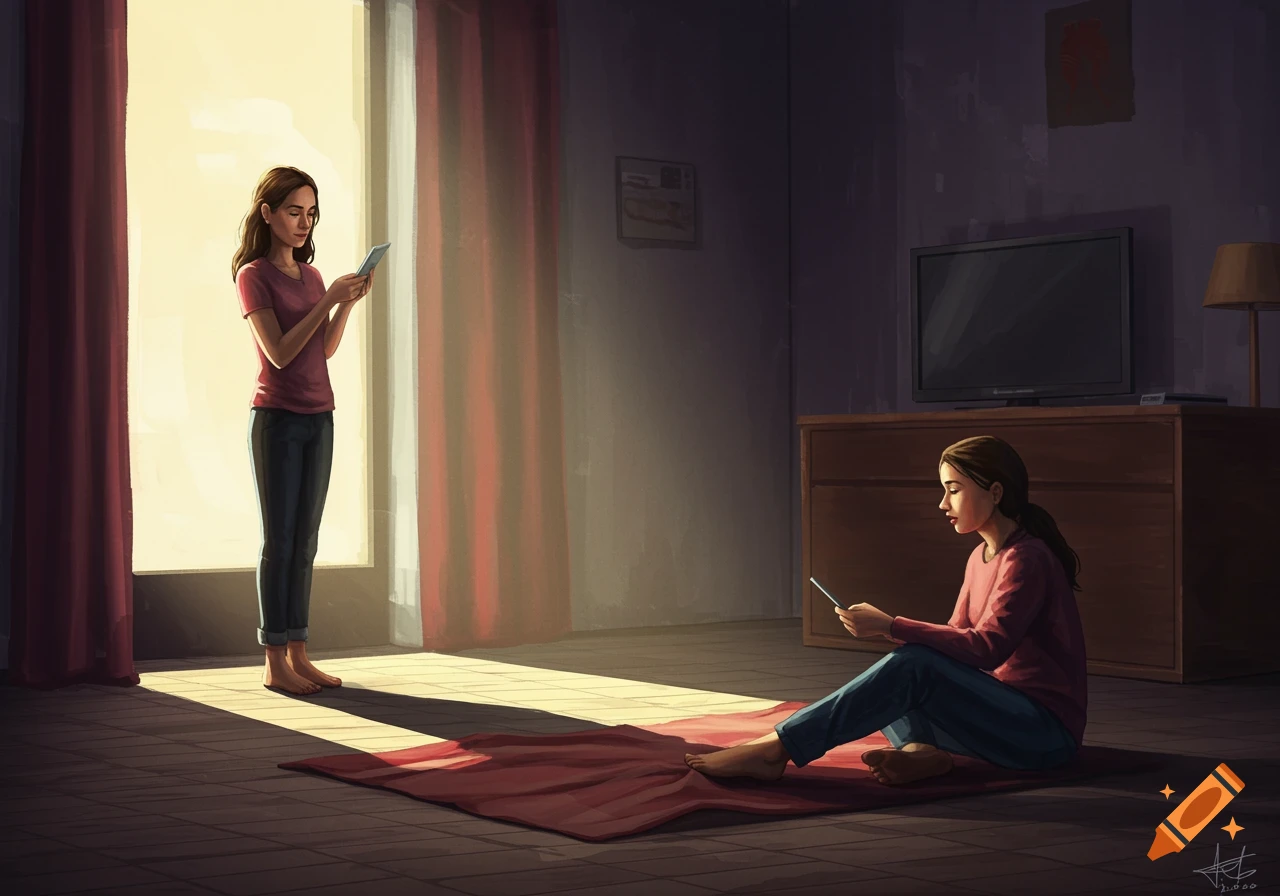 Two women look at phones in a sunlit room illustration on Craiyon