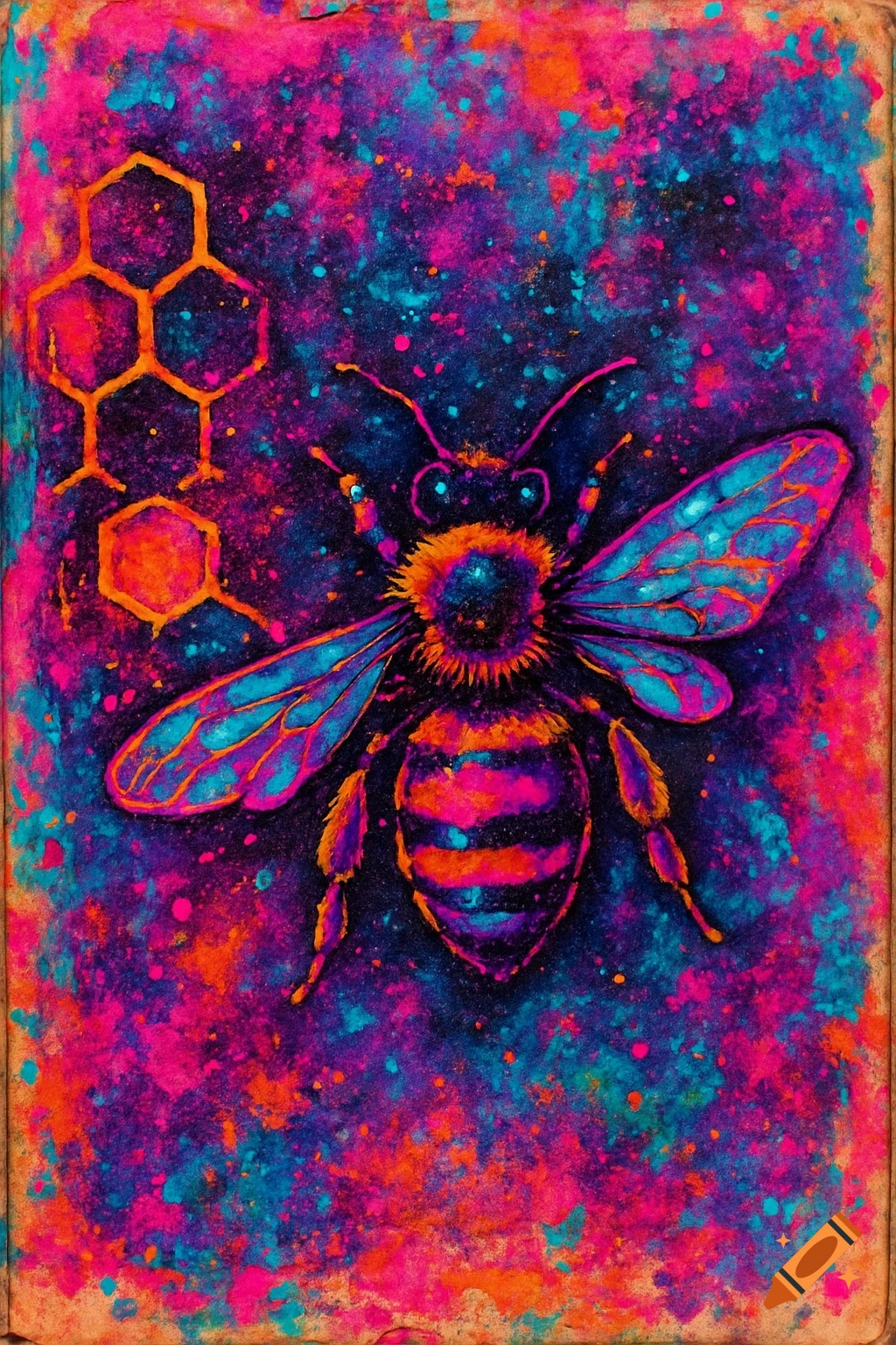 A vibrant, splattered, psychedelic image of a bee and honeycomb shapes ...