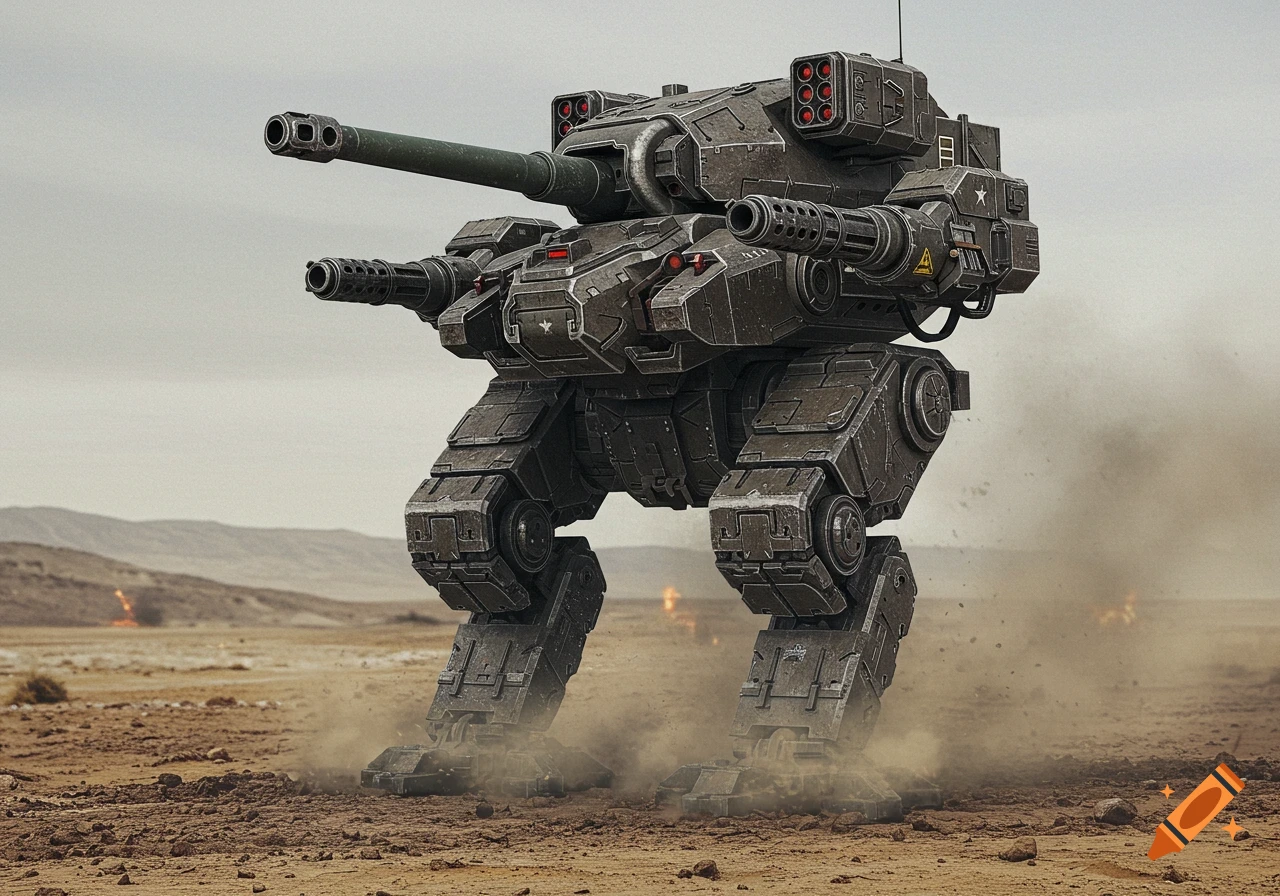 A large walking tank mech stands in a dusty desert landscape with ...