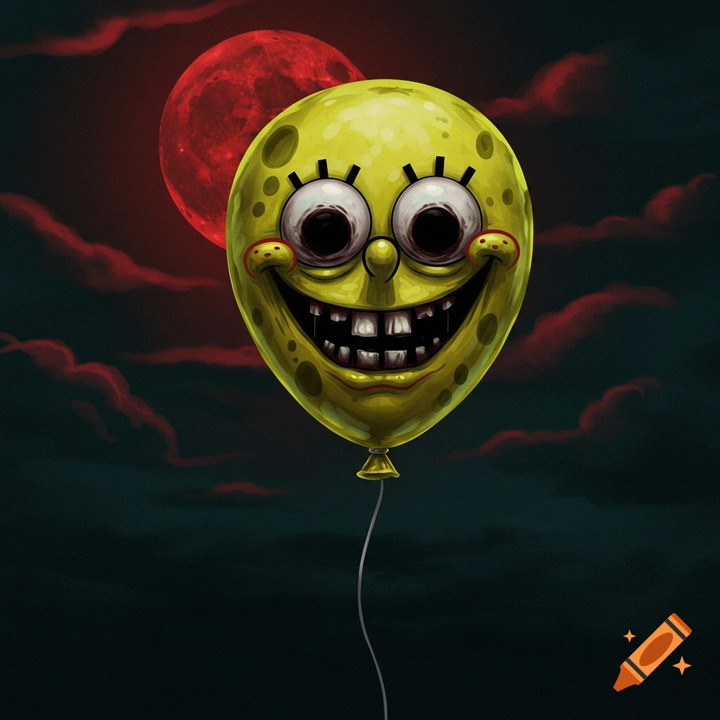 Creepy Spongebob balloon floats against a dark, cloudy sky with a red ...
