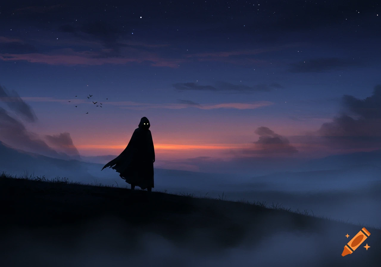 A mysterious cloaked figure with glowing eyes stands on a foggy hill at dusk against a sunset ...