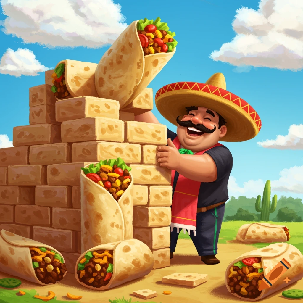 Cartoon man in a sombrero happily building a wall with giant burritos ...