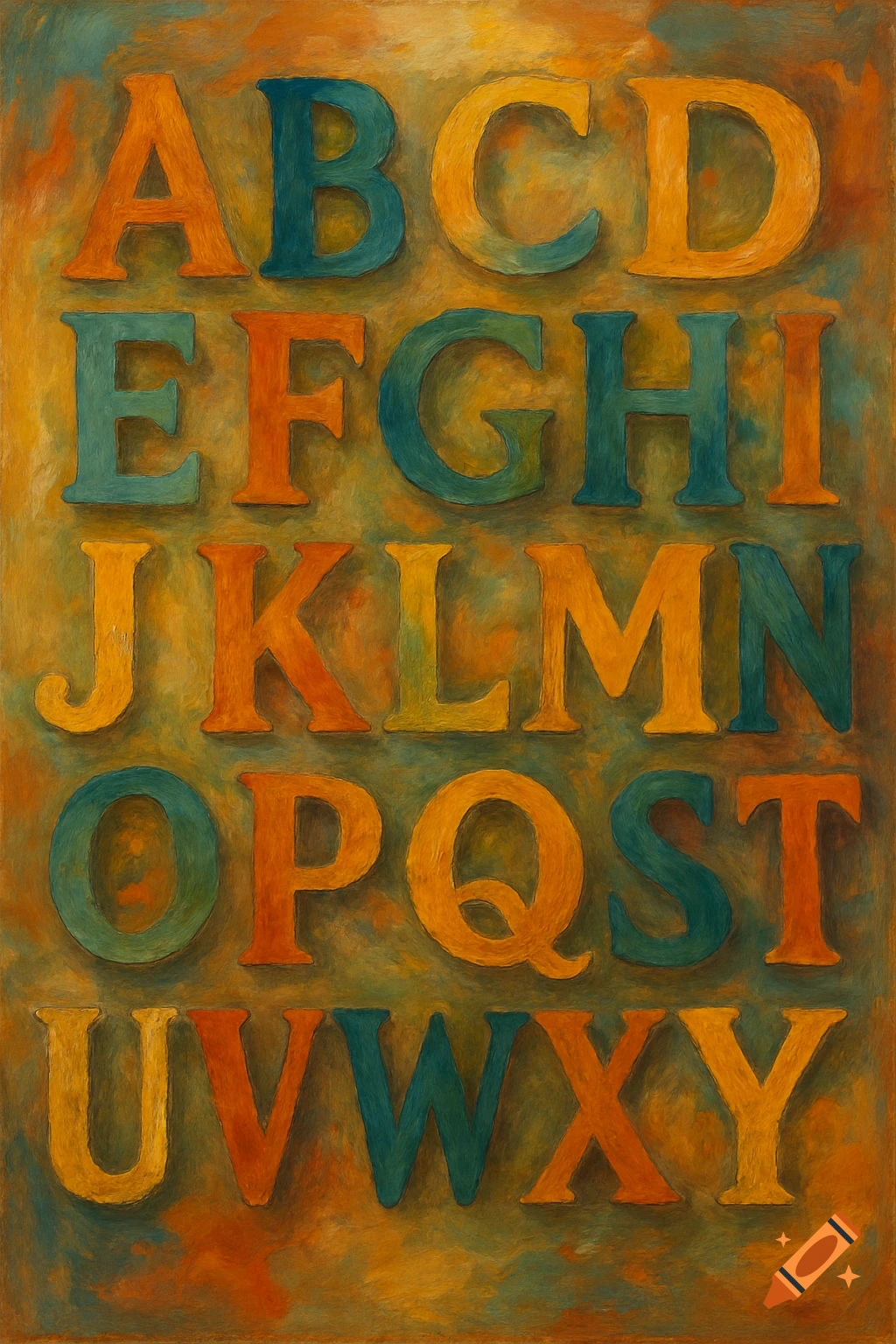 Orange, yellow, and teal alphabet letters in a painterly style on Craiyon