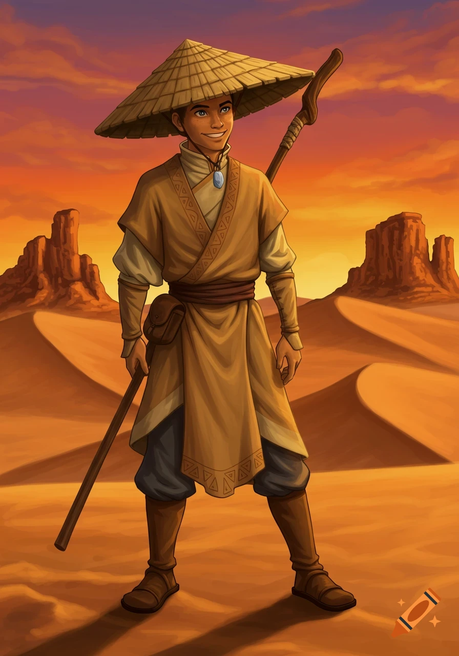 An illustrated character in a conical hat and desert clothing stands in ...