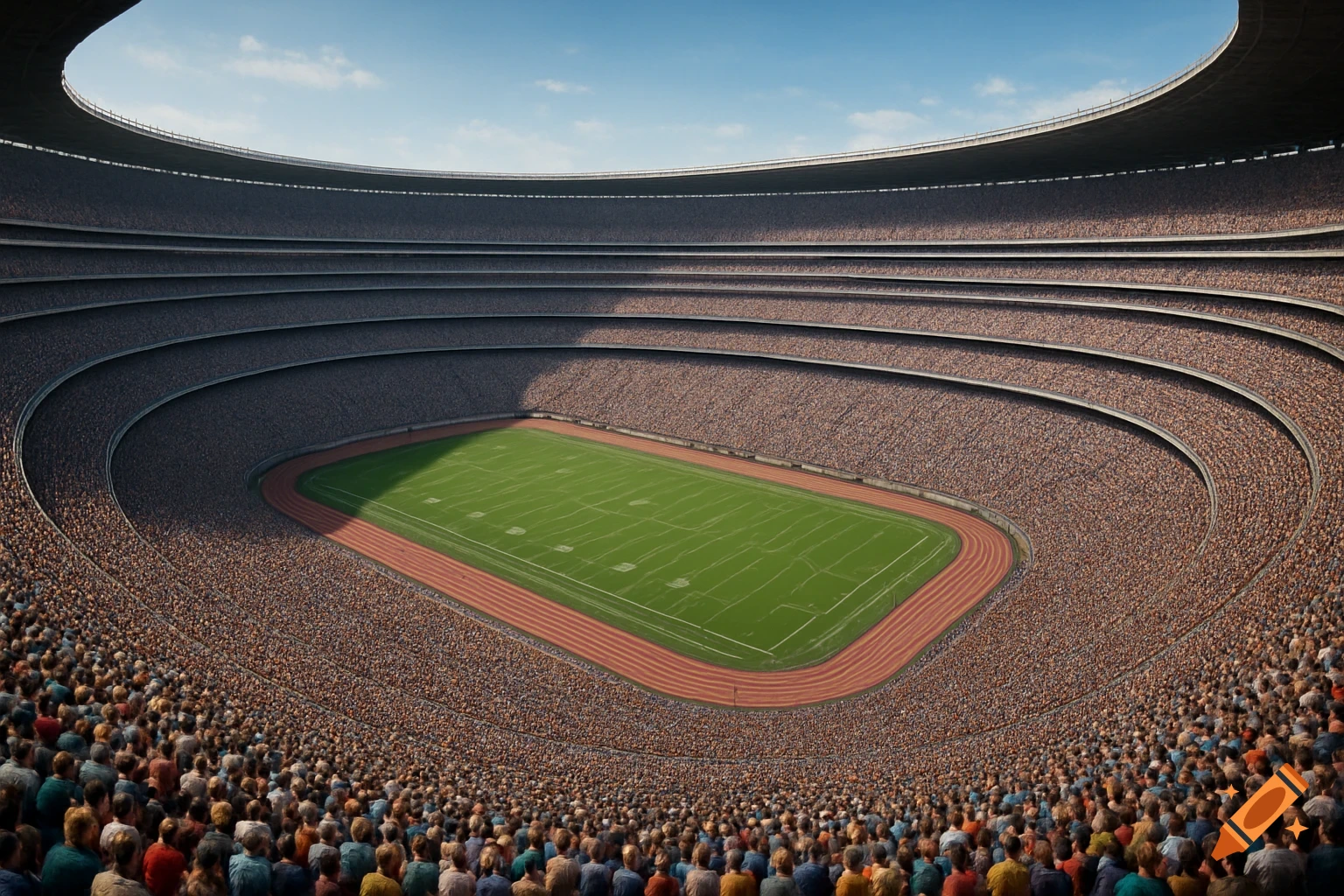 A massive stadium packed with a crowd of spectators looking down at a ...