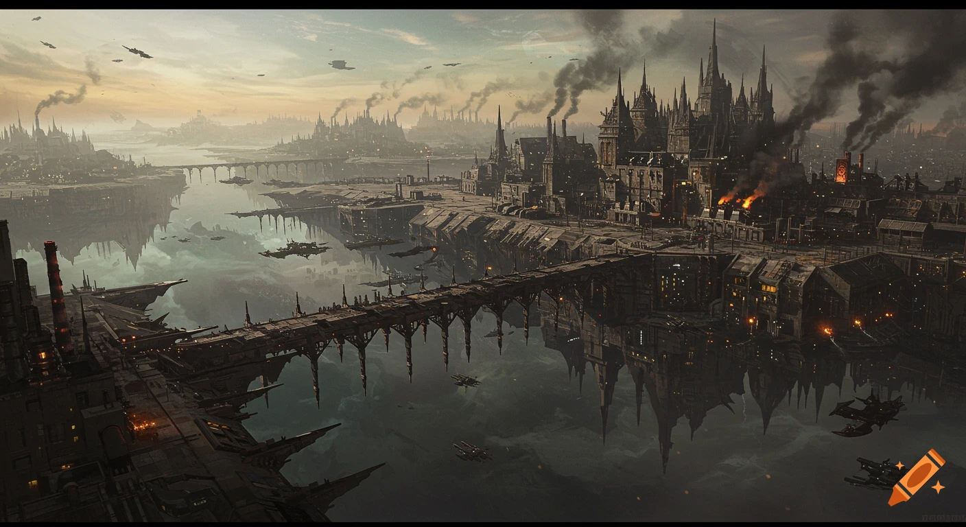 Massive dark sci-fi hive city landscape with gothic buildings ...