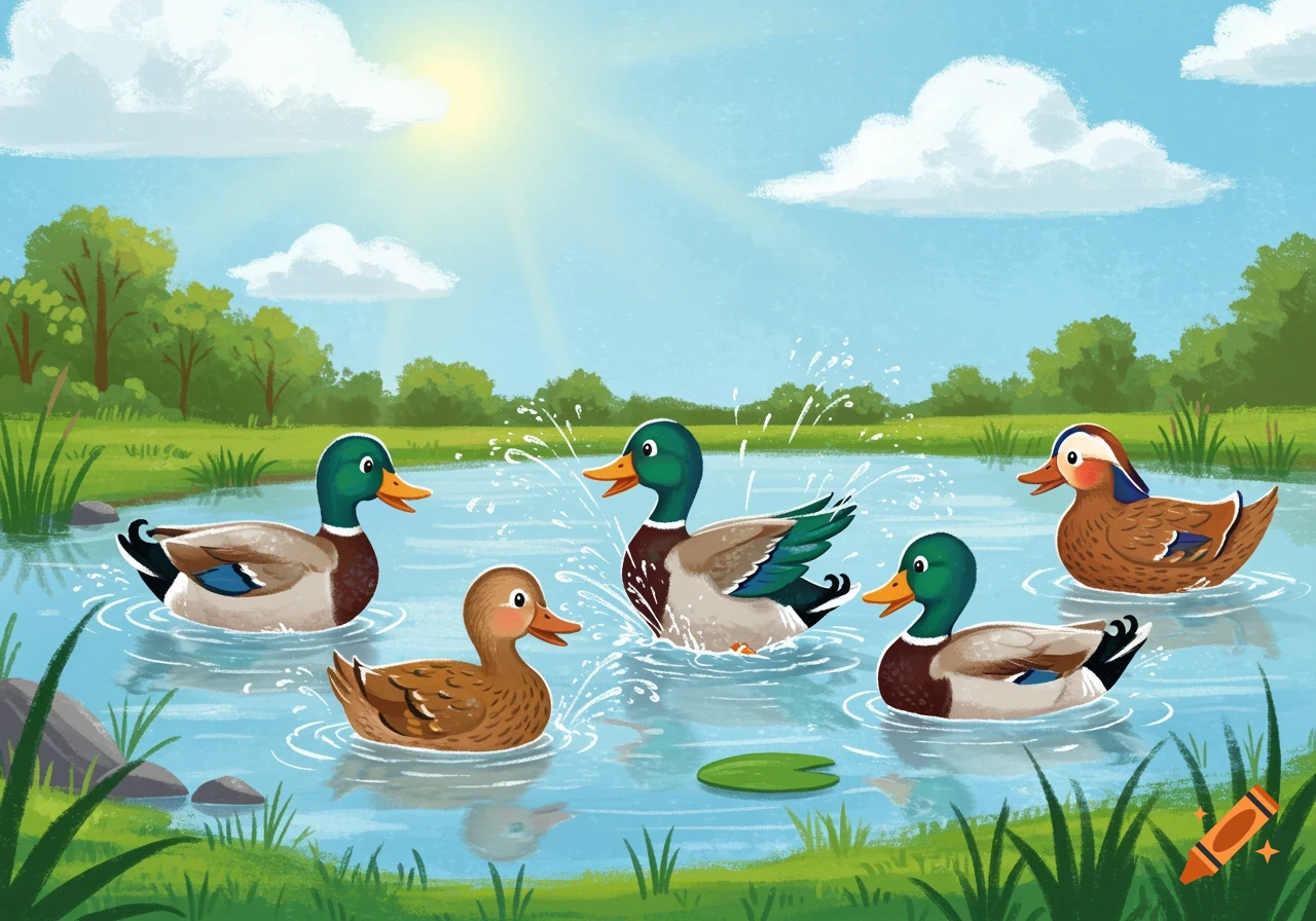 Children's illustration of ducks swimming and splashing in a sunny pond ...