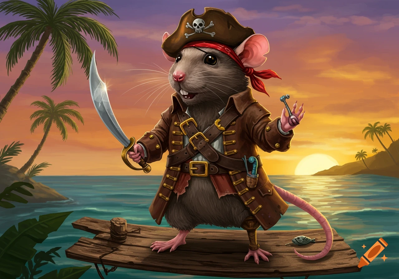 Cartoon rat pirate with sword and key stands on a dock at sunset. on ...