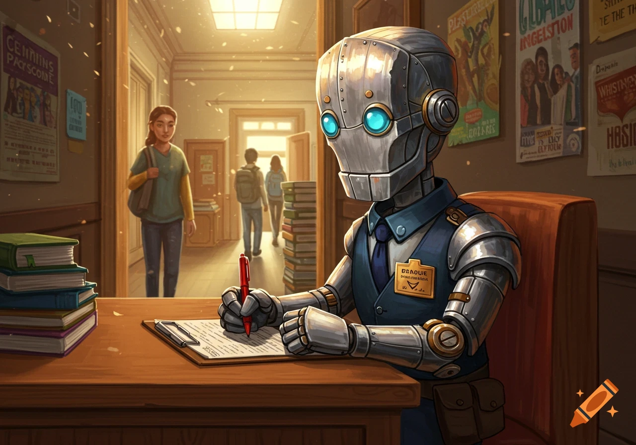 A robotic hall monitor in a uniform sits at a desk writing, with ...