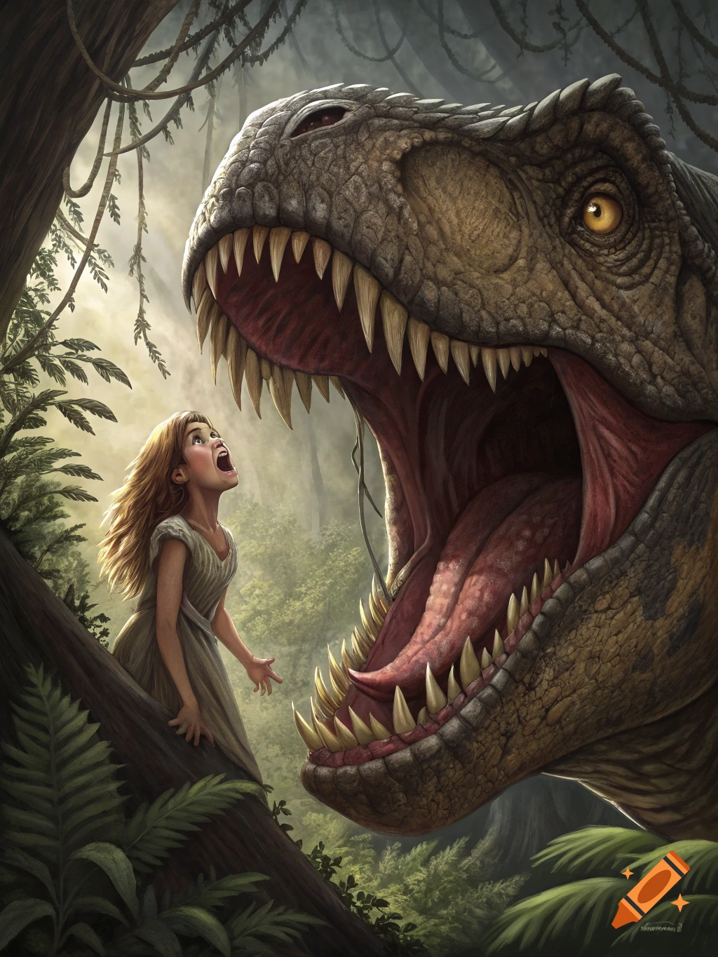 A young woman screams up at the open mouth of a huge T-Rex in a jungle ...