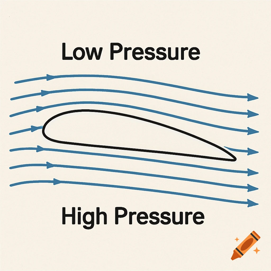 Diagram showing airflow over a wing with low pressure above and high ...