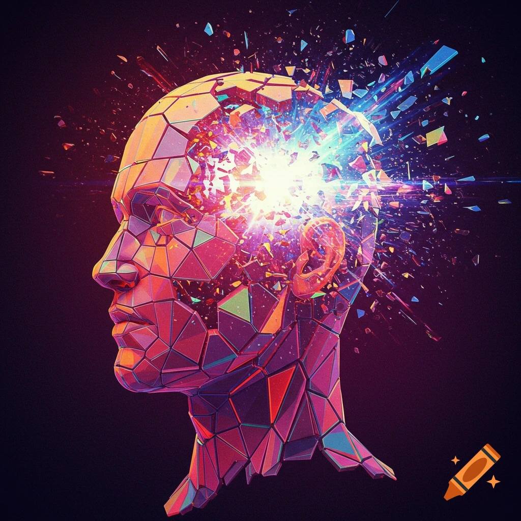 Stylized geometric head explodes with bright light and shapes on Craiyon