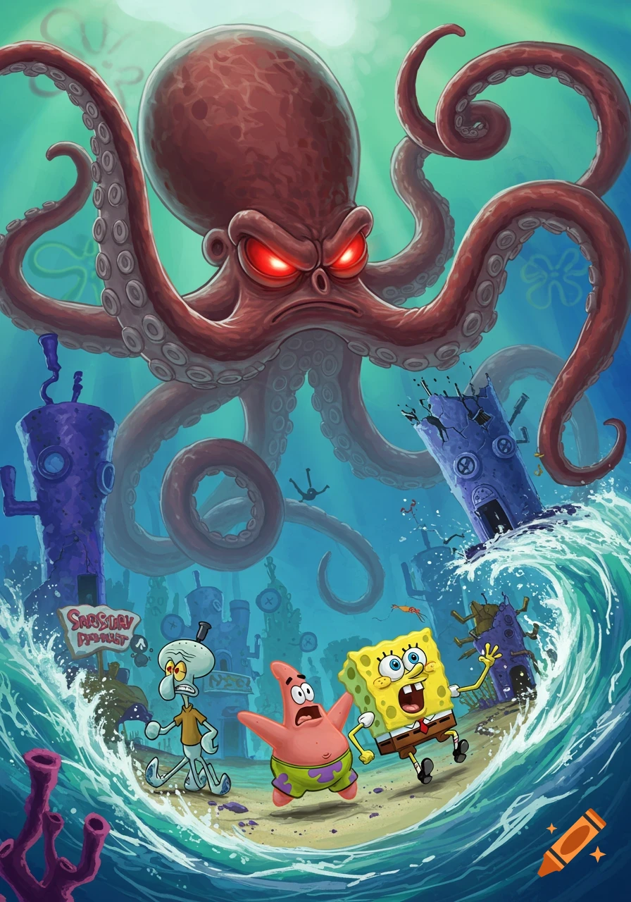 Cartoon of Spongebob, Patrick, and Squidward running in panic from a ...