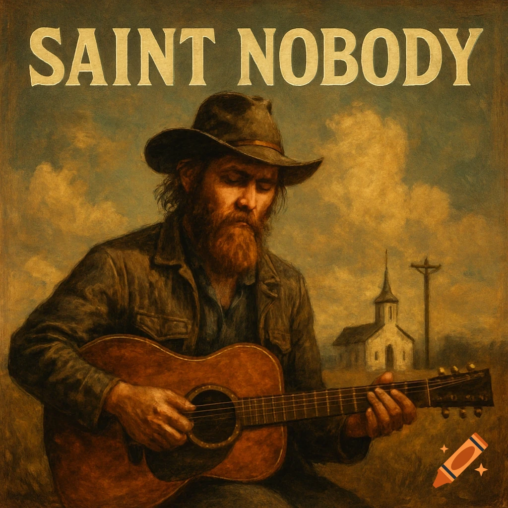 Bearded man in a hat plays acoustic guitar in field with church. Text ...