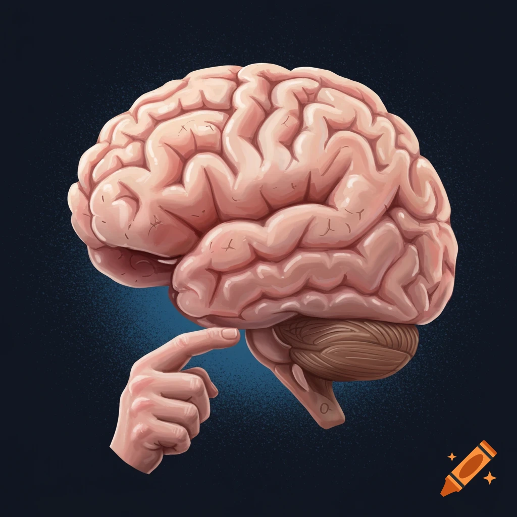 Illustration of a human brain and hand pointing at it on a dark ...