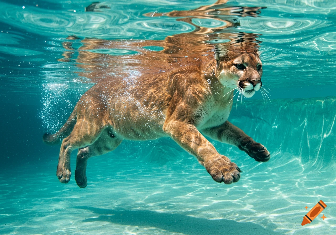 A mountain lion swims underwater in a pool. on Craiyon
