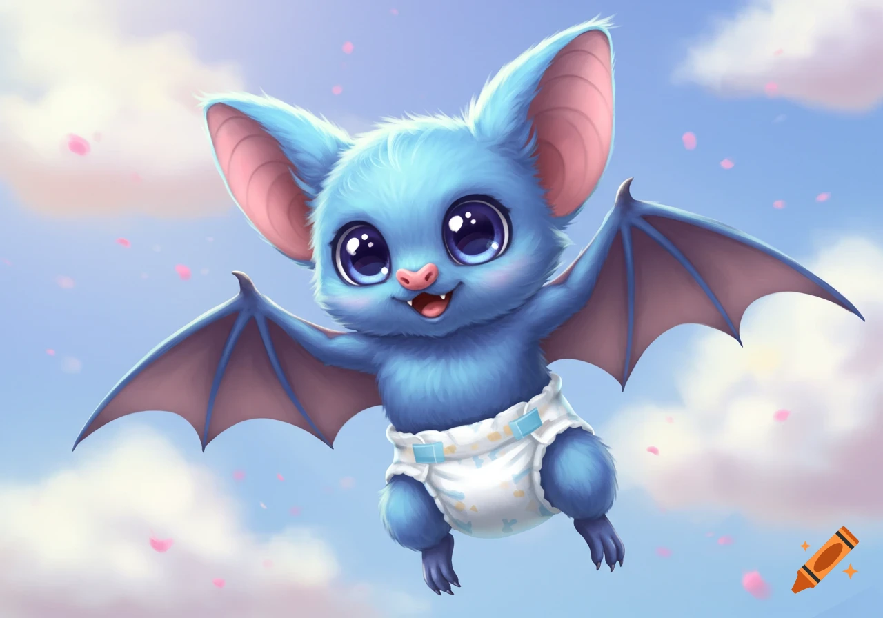 A cute blue cartoon bat wearing a diaper flies in a cloudy sky. on Craiyon
