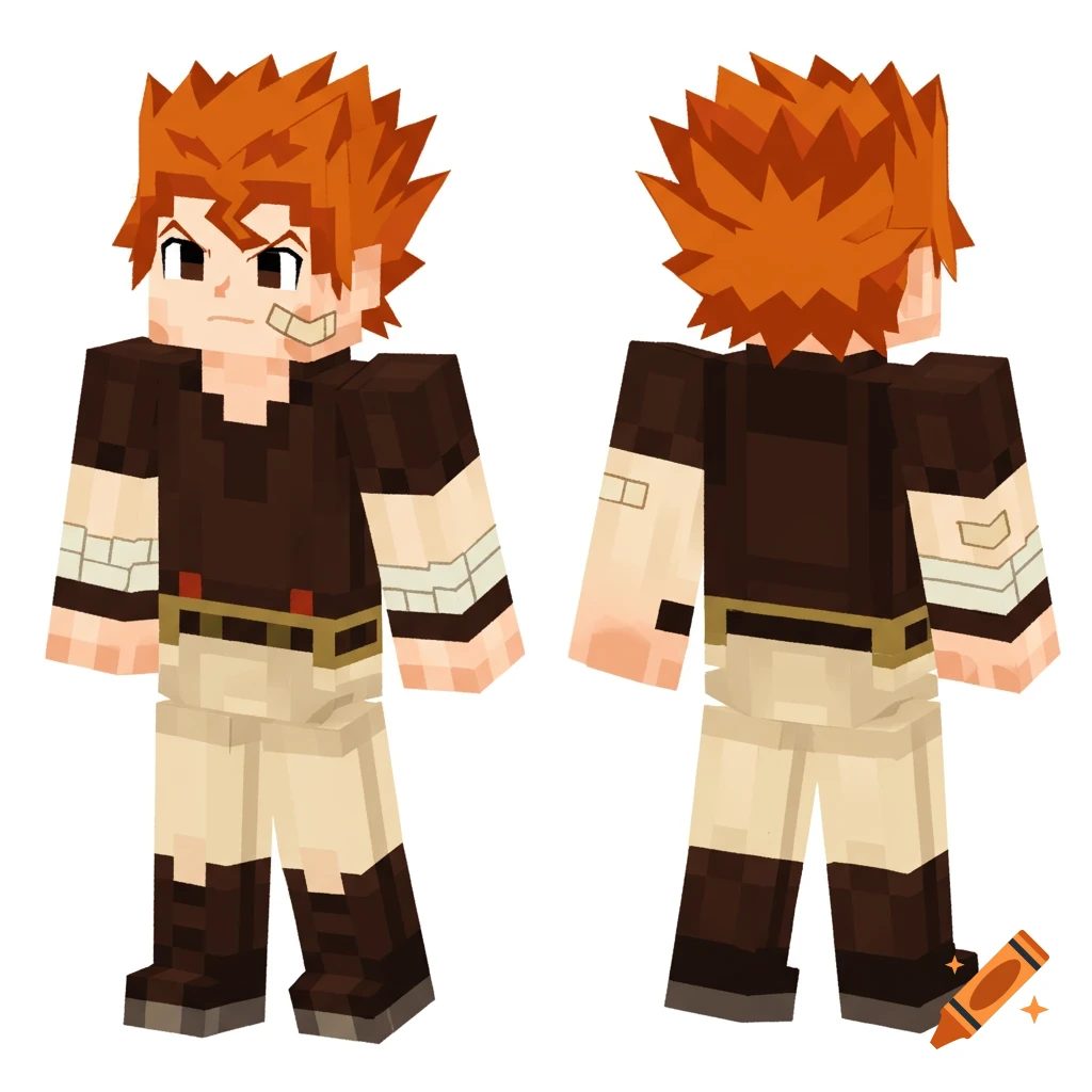 Minecraft skin of a male character with spiky orange hair, brown shirt ...