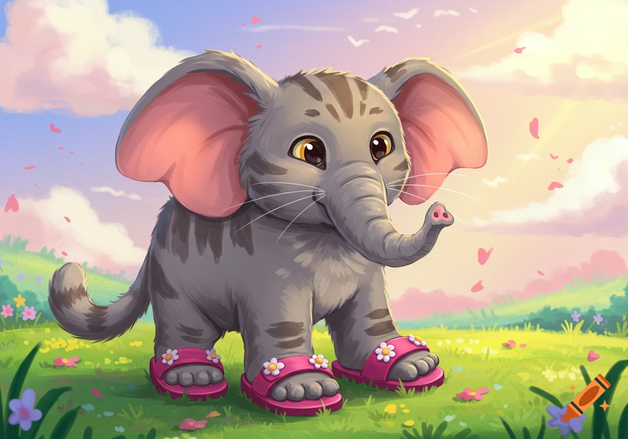 Cartoon elephant-cat hybrid wearing pink sandals in a sunny field with ...