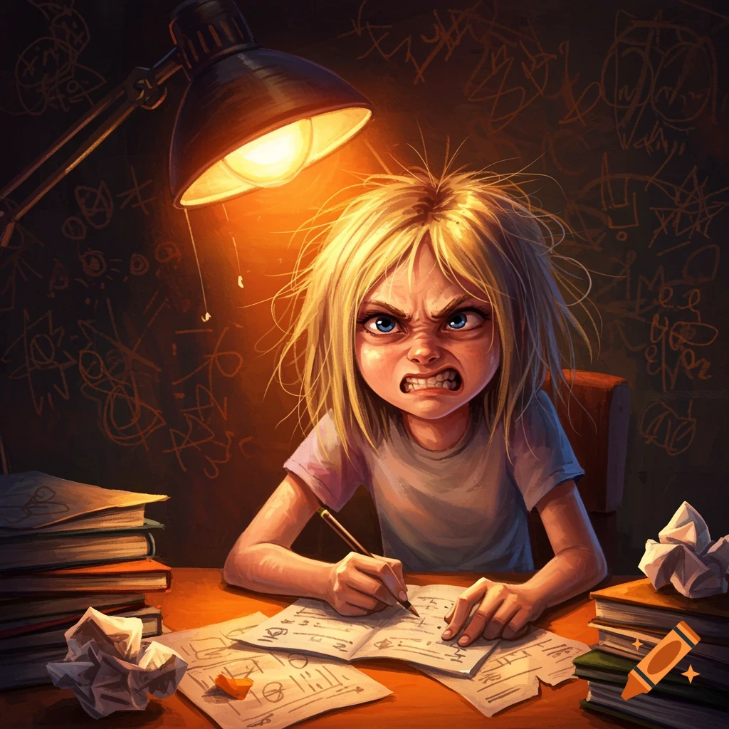 Stylized illustration of an angry girl with messy blond hair doing ...