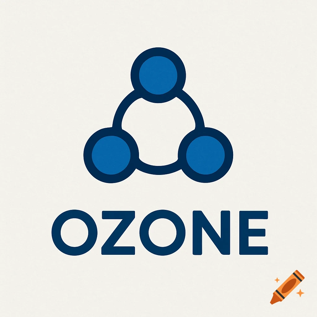 Logo featuring a blue symbol representing an ozone molecule above the ...