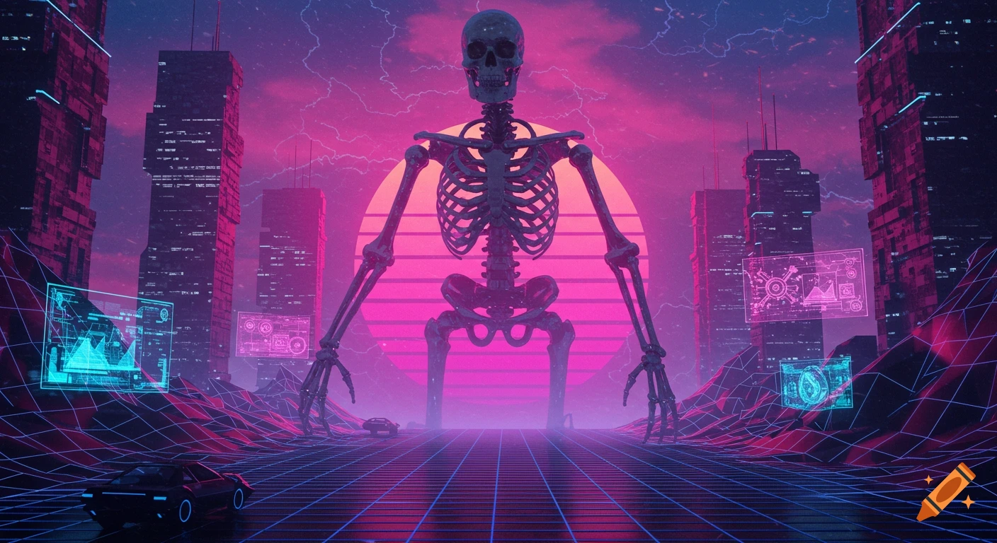 Huge skeleton in a synthwave futuristic city with glowing grid road ...