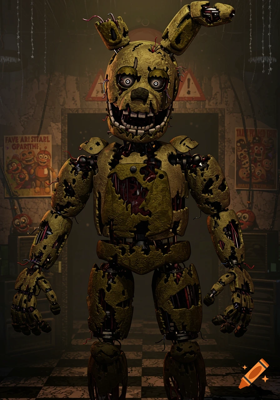 Springtrap, a damaged animatronic rabbit, stands in a dim, creepy room ...