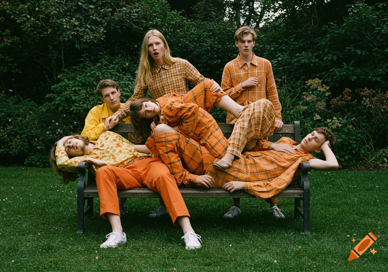 People tangled on a park bench wearing orange and yellow plaid in a ...