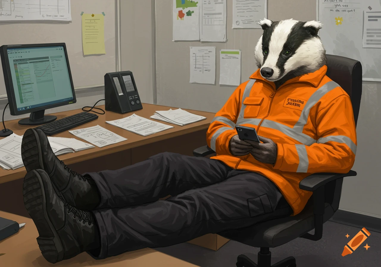 An illustration of an anthropomorphic badger in an orange high-vis ...