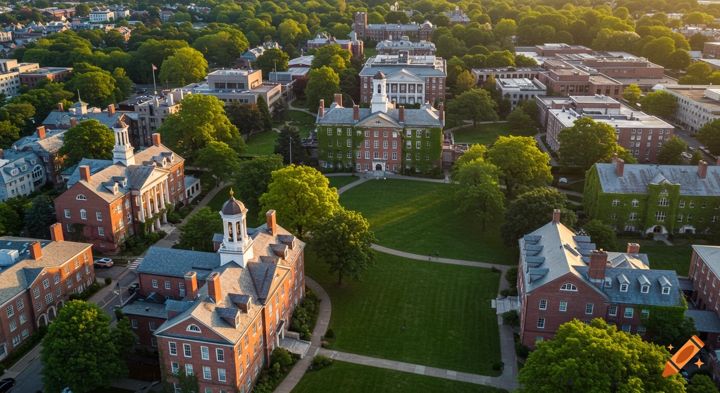 Aerial view of a university campus with historic brick buildings, green ...