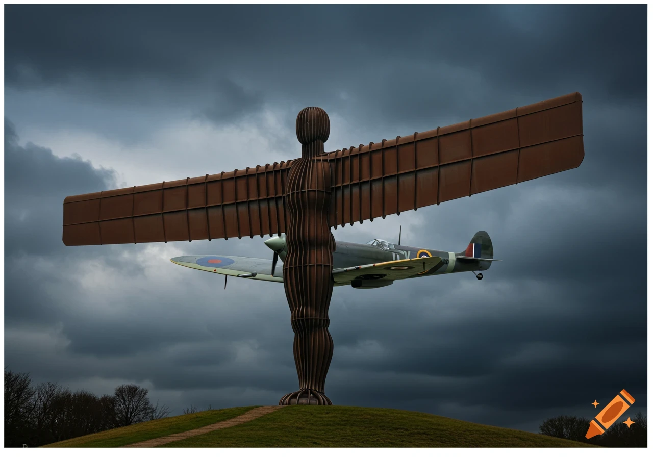 The Angel of the North sculpture with a Spitfire airplane behind it ...