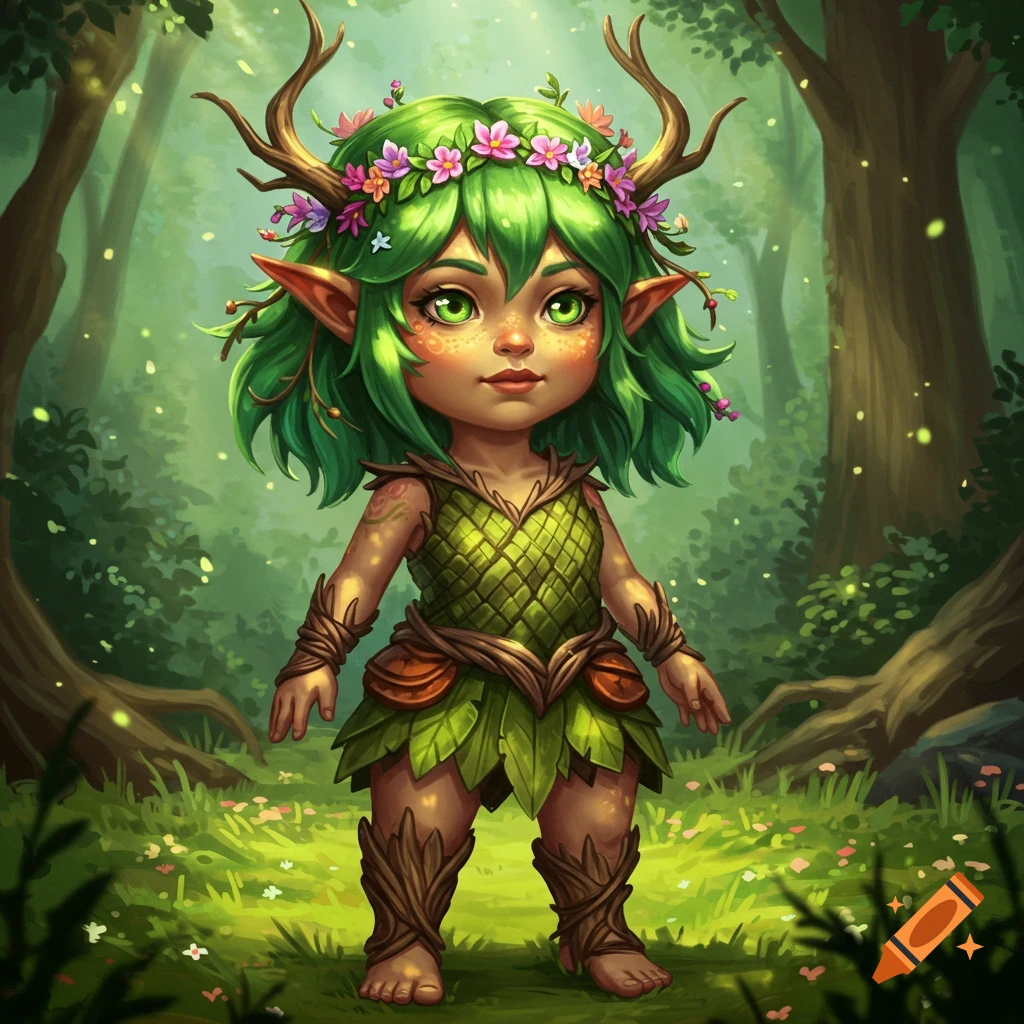 Chibi fantasy character with green hair, antlers, elf ears, and leaf ...
