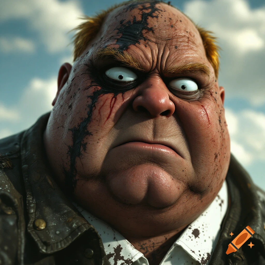 Close-up stylized portrait of a man with a distorted, angry face and ...