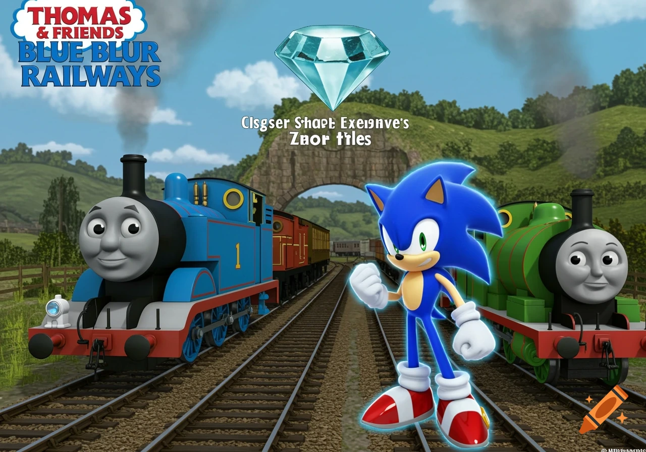 Thomas and Percy trains on railway tracks with Sonic the Hedgehog, a ...