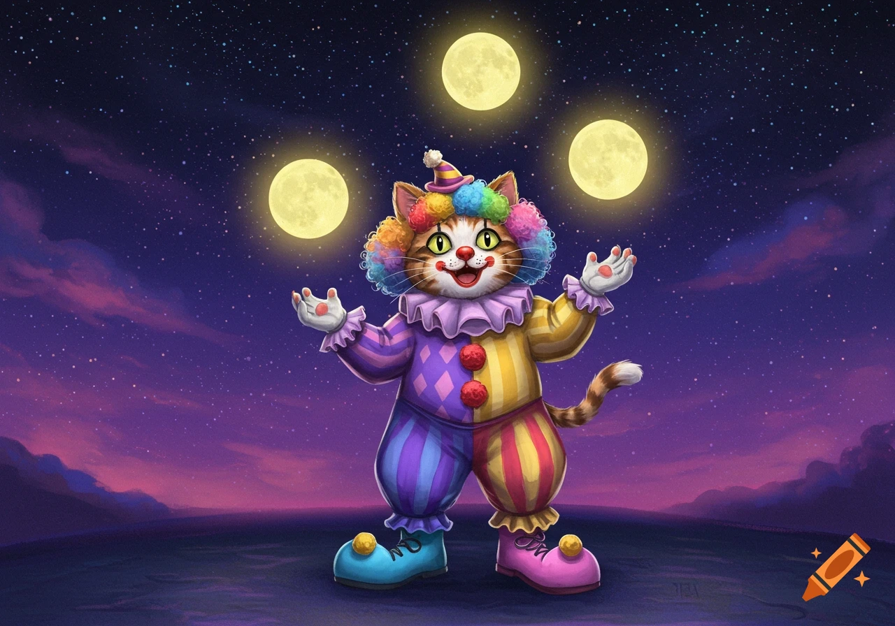 Cartoon clown cat juggling three moons in a starry night sky. on Craiyon