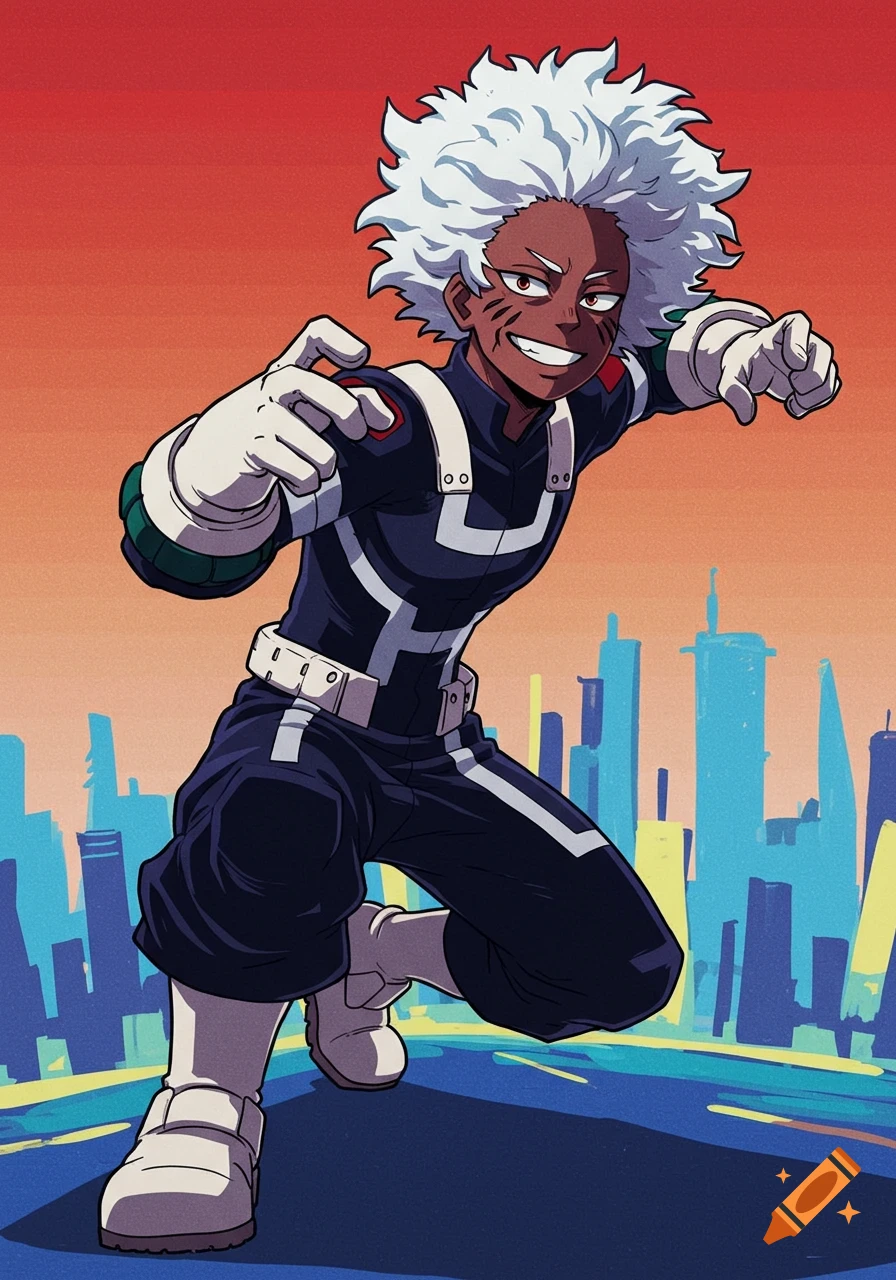 Anime character in a navy blue superhero uniform against a city skyline ...