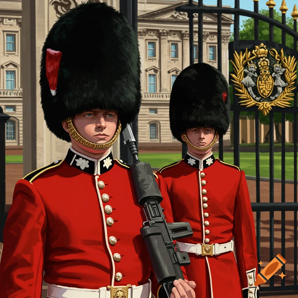 Two British guards in red uniforms and bearskin hats stand by a gate in ...