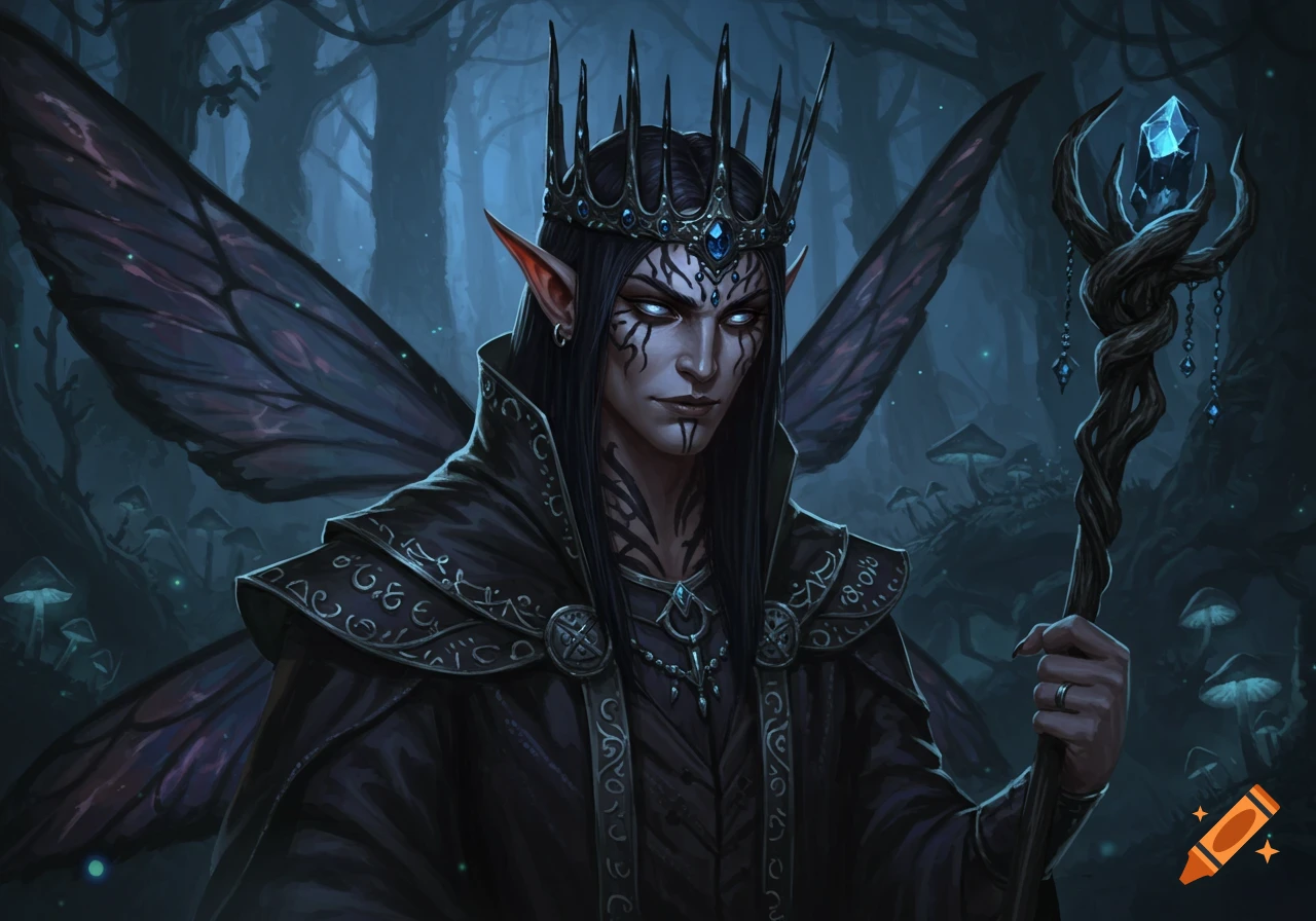 Digital painting of a dark fairy king with wings and crown, holding a ...