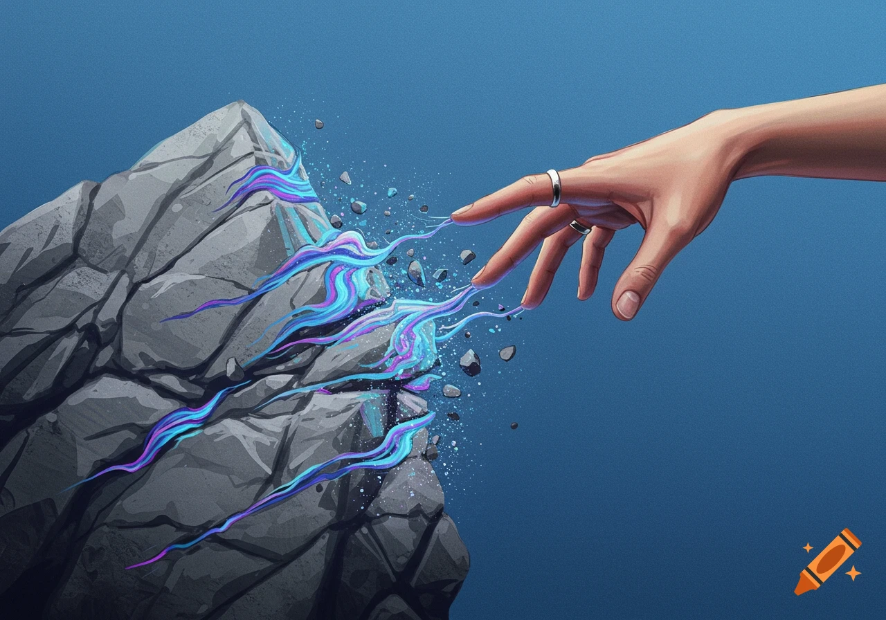 Digital art of a hand reaching toward a rock dissolving into glowing ...