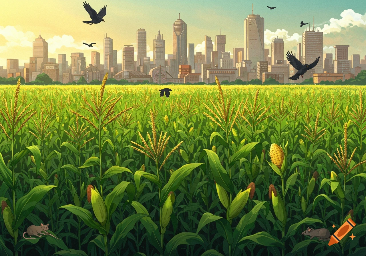 Anime style illustration of a corn field with rats and crows in front ...
