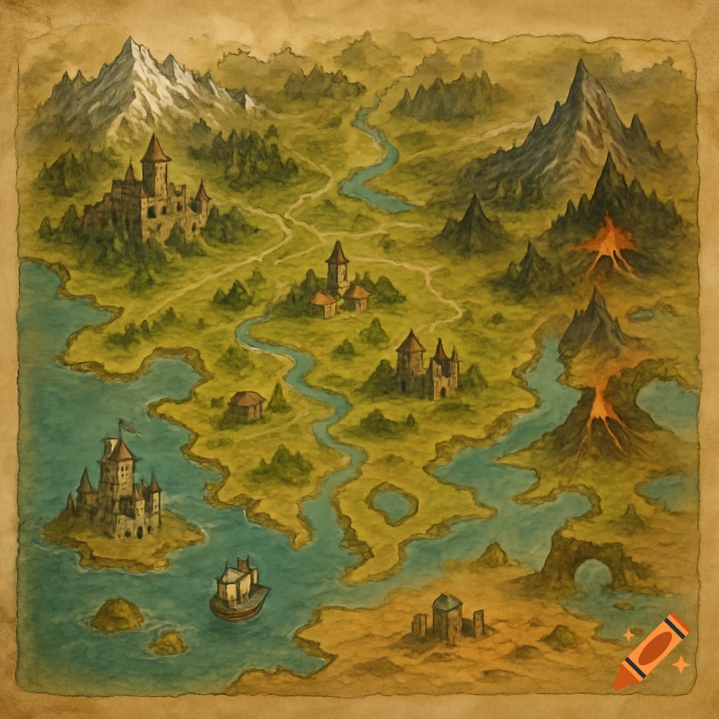 A hand-drawn fantasy map showing castles, mountains, rivers, volcanoes, a ship, and settlements ...