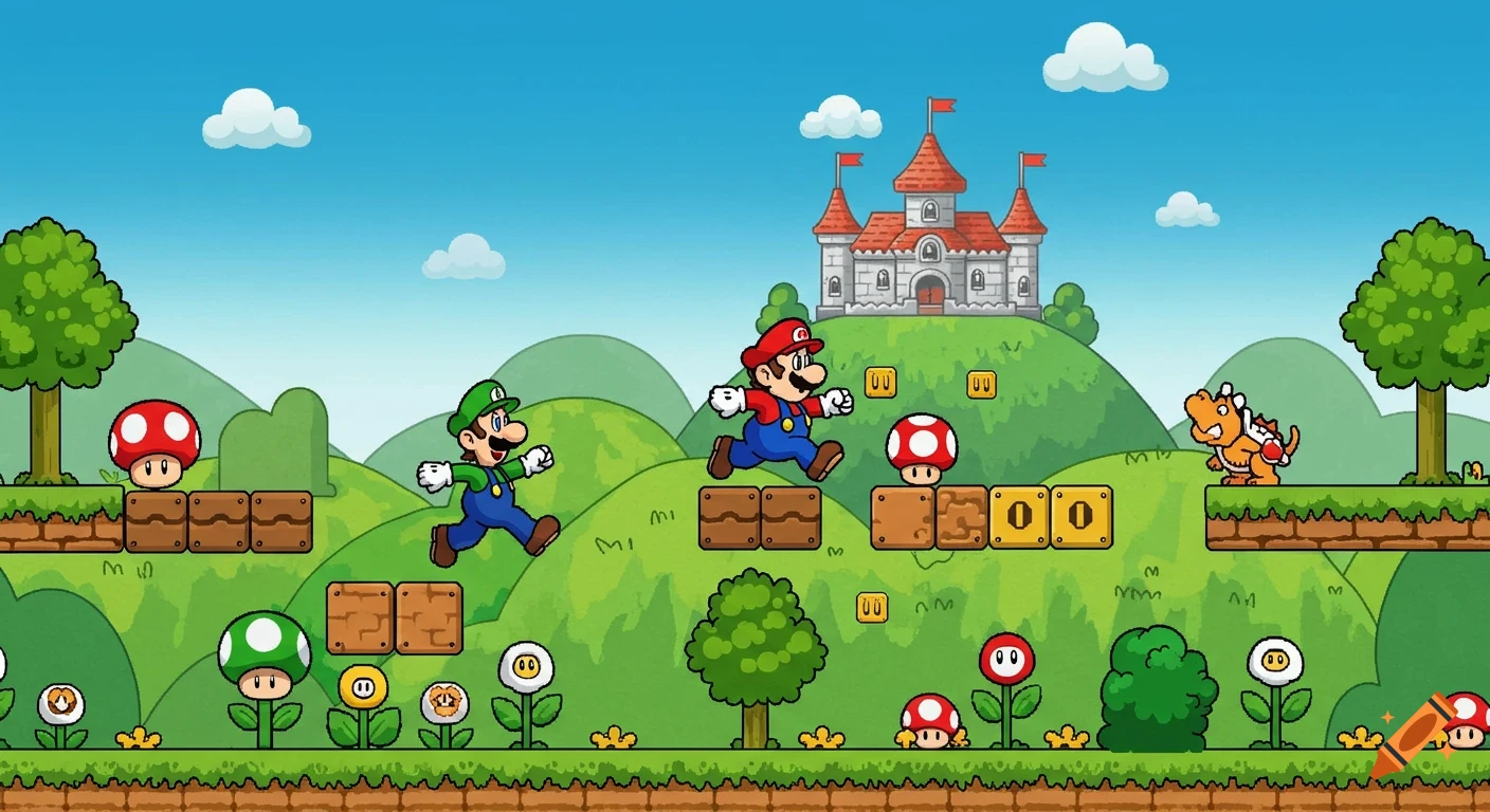 Mario and Luigi run across a colorful 2D Super Mario video game level ...