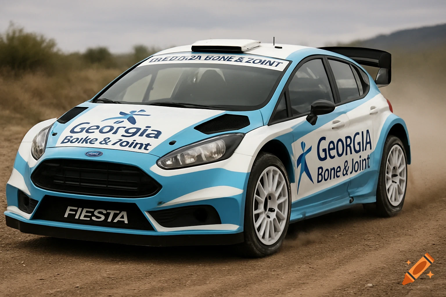 White and blue Ford Fiesta WRC rally car with sponsor logos on a dirt ...