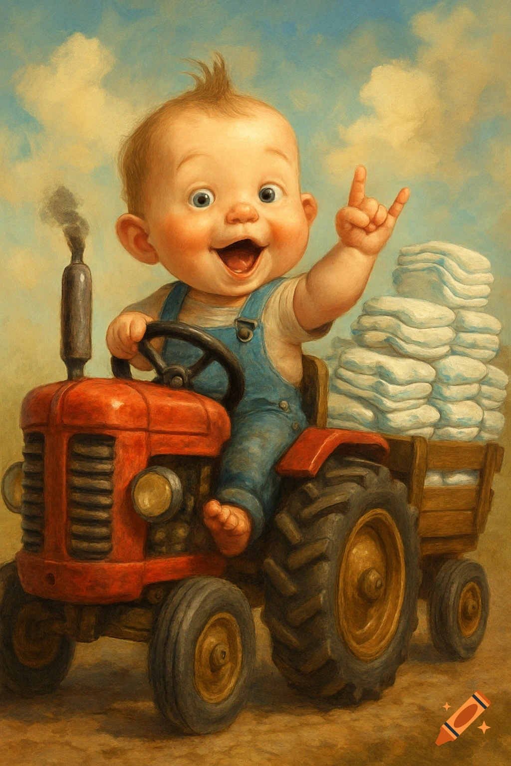 Illustration of a baby driving a red tractor loaded with diapers ...