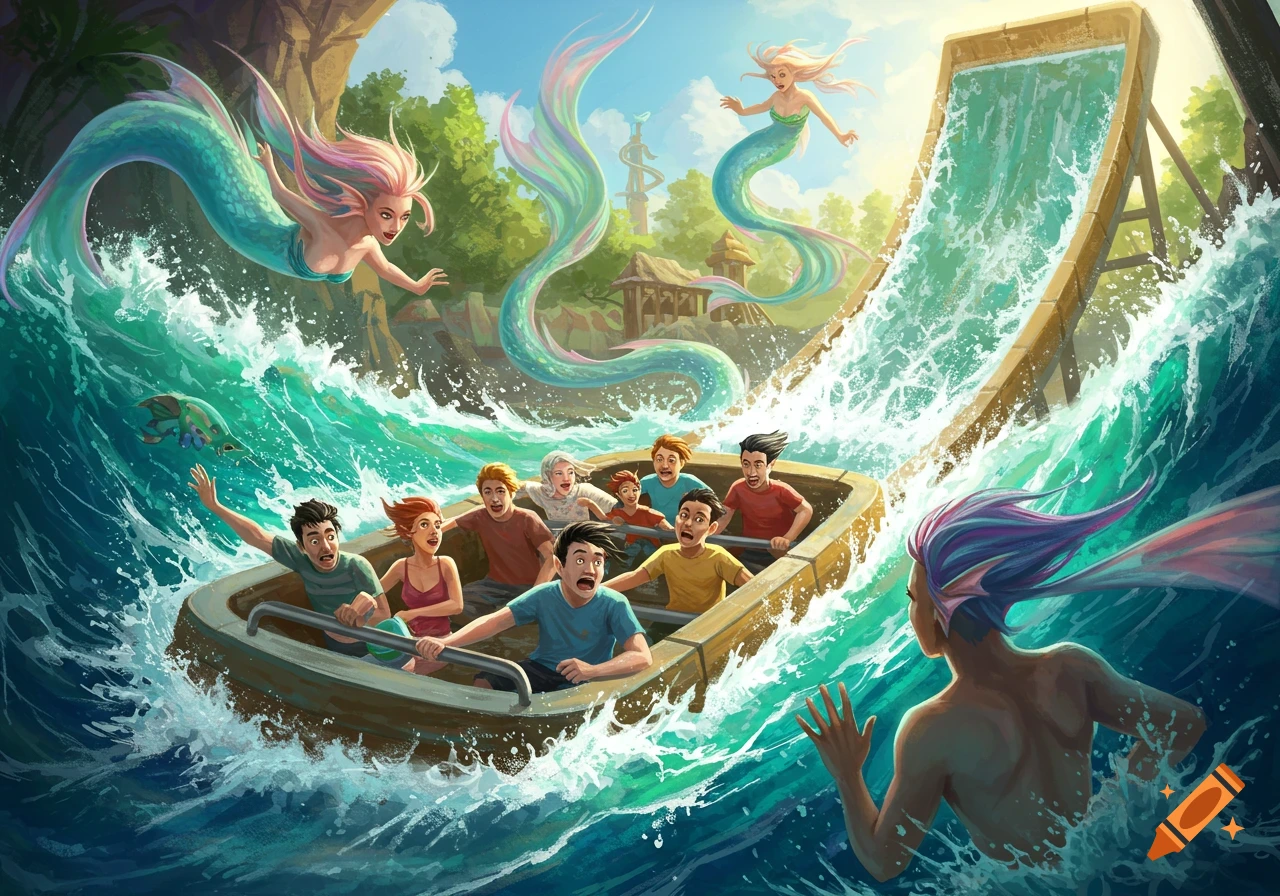 People on a water ride are splashed by waves as mermaids swim around ...