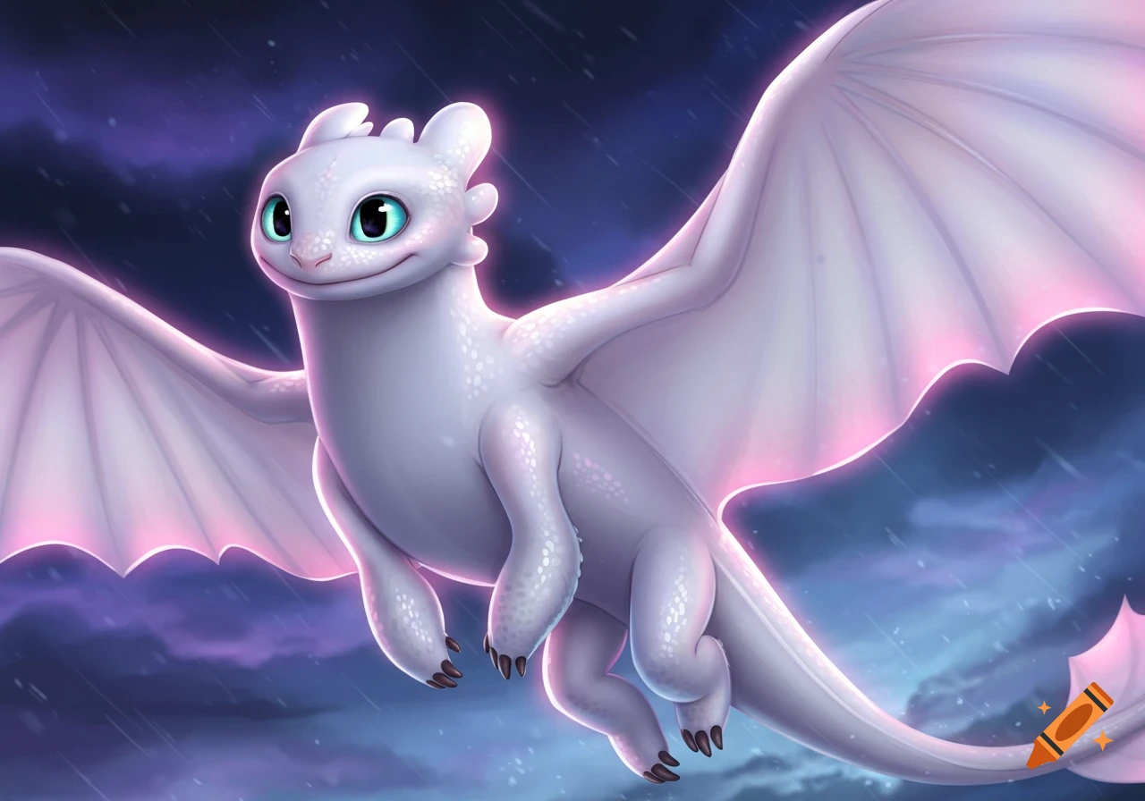 The Light Fury dragon flying through a stormy purple sky. on Craiyon